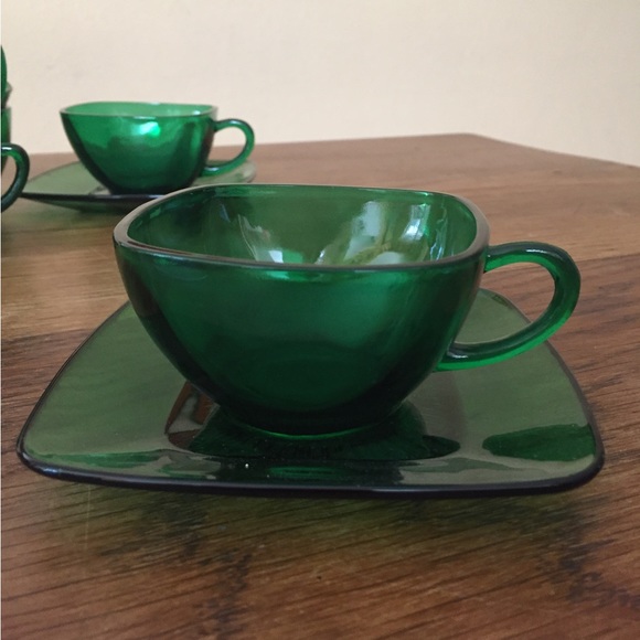 Dining | Vintage Green Glass Cups And Saucers | Poshmark